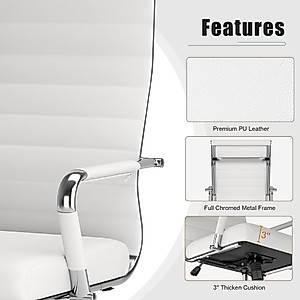 Okeysen White Office Desk Chair, Ergonomic Leather Modern Conference Room Chairs, Executive Ribbed Height Adjustable Swivel Rolling Chair for Home Office.