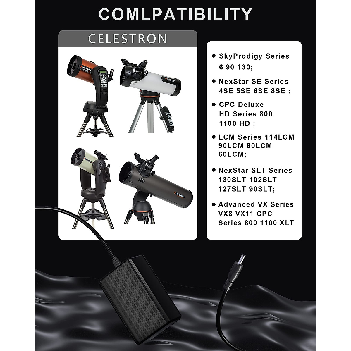WUKUR Adapter Replacement for Celestron 18778 AC Power Adapter Compatible with NexStar 4SE 5SE 6SE 8SE 130SLT 127SLT LCM 114LCM 90LCM Power Cord【10 Feet Long】