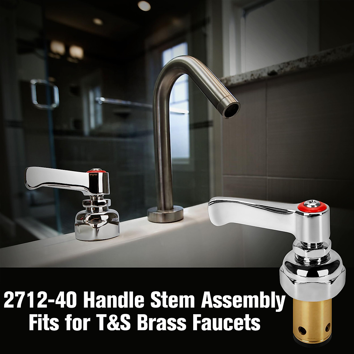 Handle Stem Assembly Fits for T&S Brass Faucets Replace 002712-40, Red Hot Side Spindle Assembly Valve Replacement Part Eterna Full-Turn Faucet with Check Valve Lead-Free 2712-40