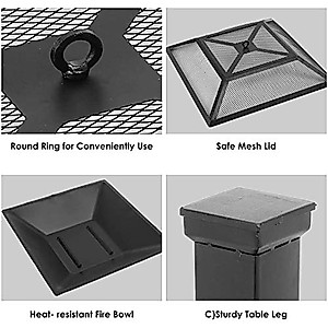 LEAYAN Garden Fire Pit Grill Bowl Grill Barbecue Rack Outdoor Fire Pit Table,3 in 1 Fire Pit Metal Fire Pit Square Stove e Garden Patio Heater with BBQ Frames Waterproof Cover for Party Picnic