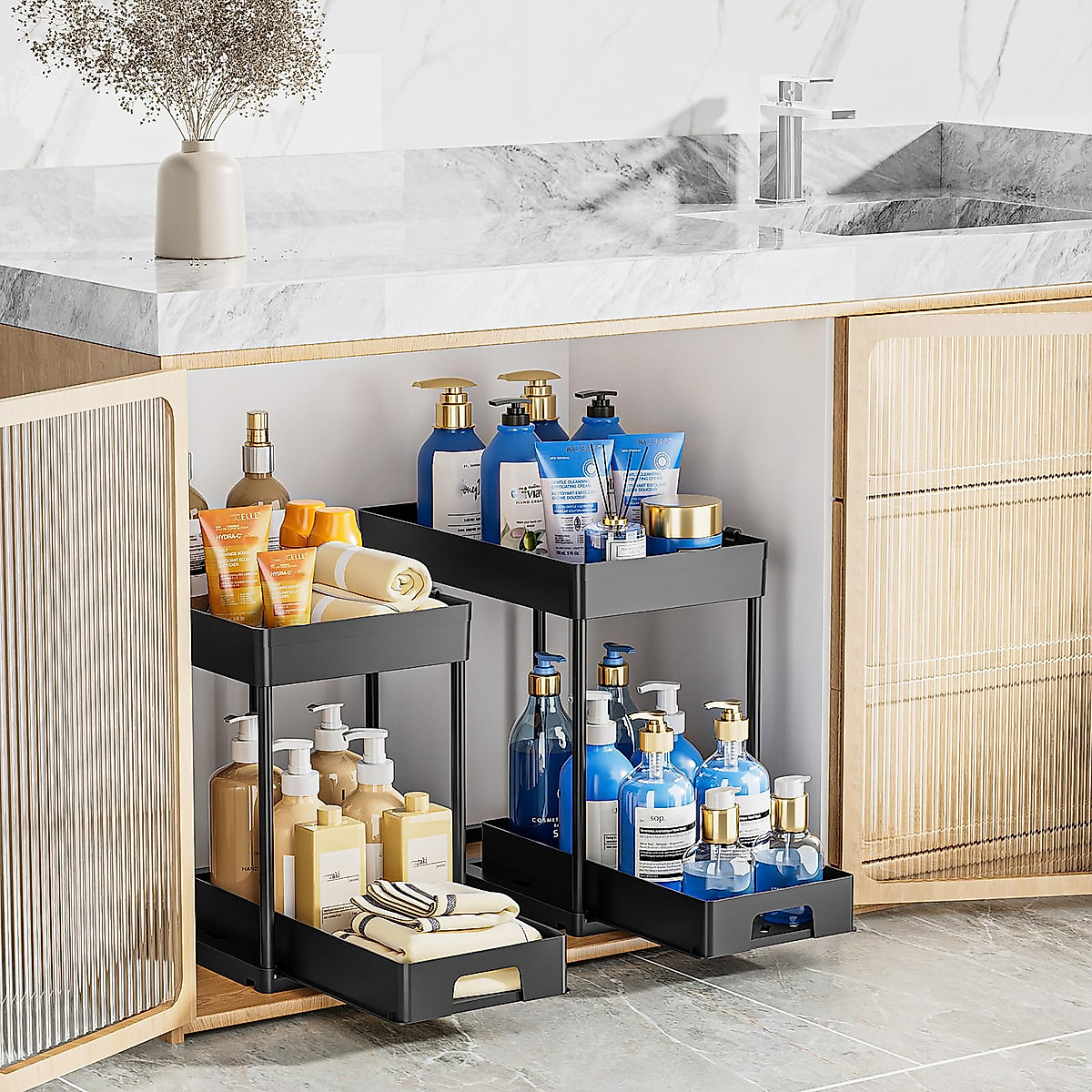 Delamu 2 Pack Under Sink Organizers and Storage, 2 Tier Pull Out Under Cabinet Organizer, Black Under Sink Storage for Bathroom Kitchen, Under Counter Storage organizer with 8 Hooks