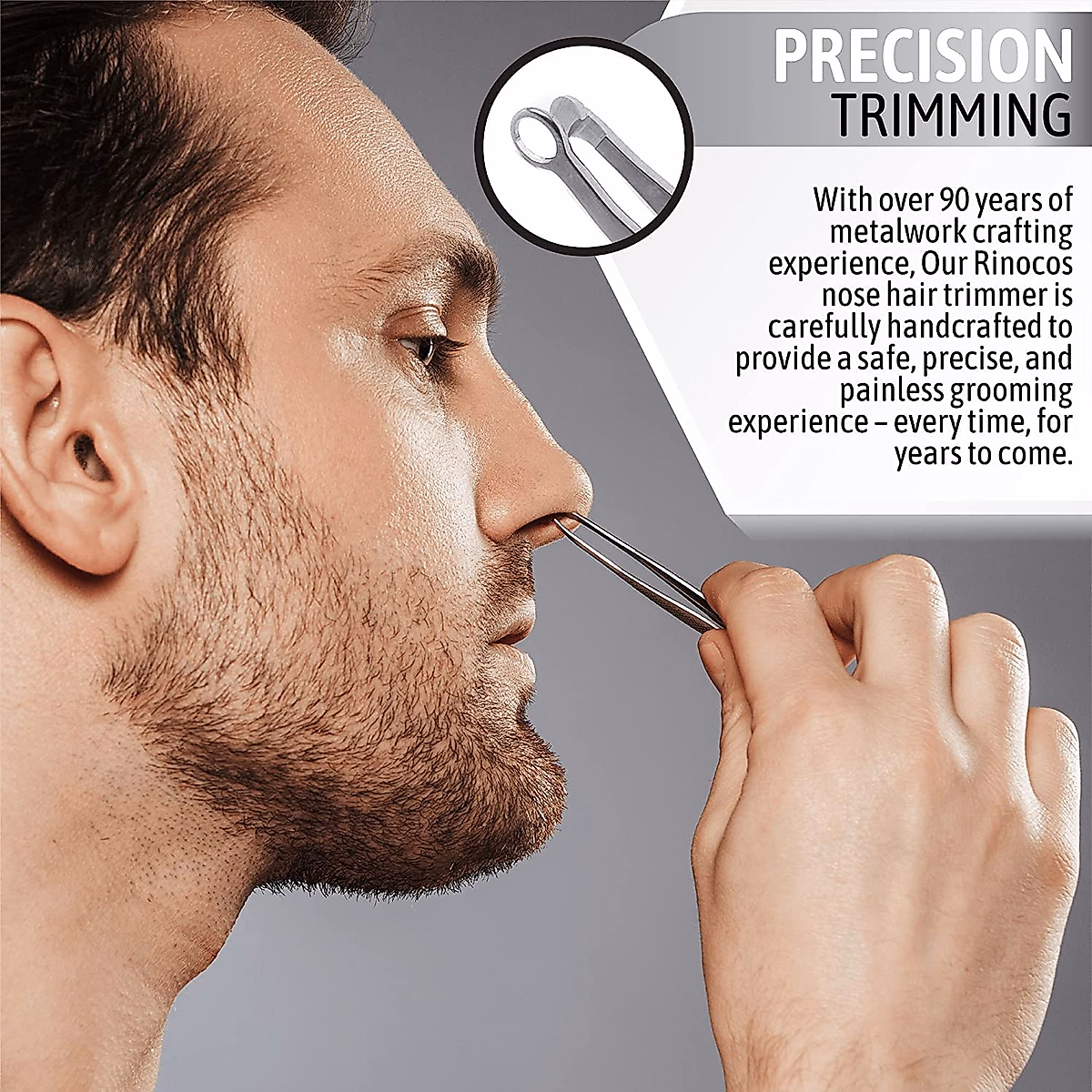 rinocos [Made in Korea] Hand-Made Nose Hair Trimmer for Men - Nasal Clippers, Nose Hair Clippers, 304 Surgical-Grade Stainless Steel, Eyebrow Trimmer, Third-Generation Craftmanship (Silver)
