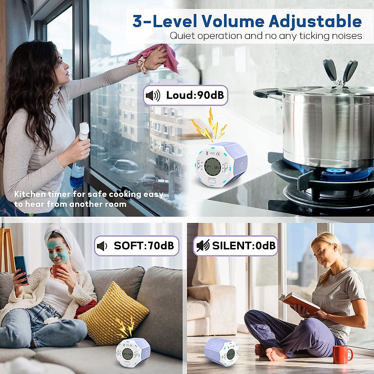 Pomodoro Timer, Octahedral Flip Timer, Desk Digital Timer for Kids, Kitchen Timer Magnetic with LCD Display, Silent & Alarm Function, Countdown/up Timer for Cooking, Productivity, Classroom, Gym, ADHD