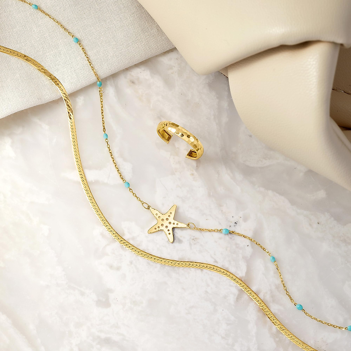 RS Pure by Ross-Simons Italian 14kt Yellow Gold Starfish and Blue Enamel Station Anklet. 9 inches