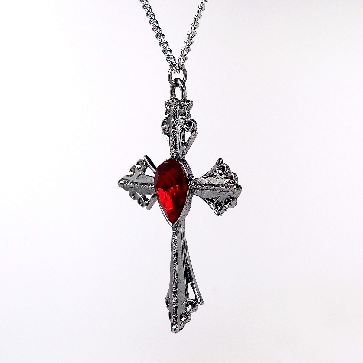 Medieval Renaissance Cross with Red Stone Silver Finish Pendant Necklace