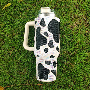 Cupcupmore 40oz Black Cow Bling Rhinestone Stainless Steel Sippy Tumbler Glitter Vacuum Insulated Water Bottle with Straw & Lid & Handle,Thermos for Hot & Cold Drinks,Car Cup Holder,Coffee