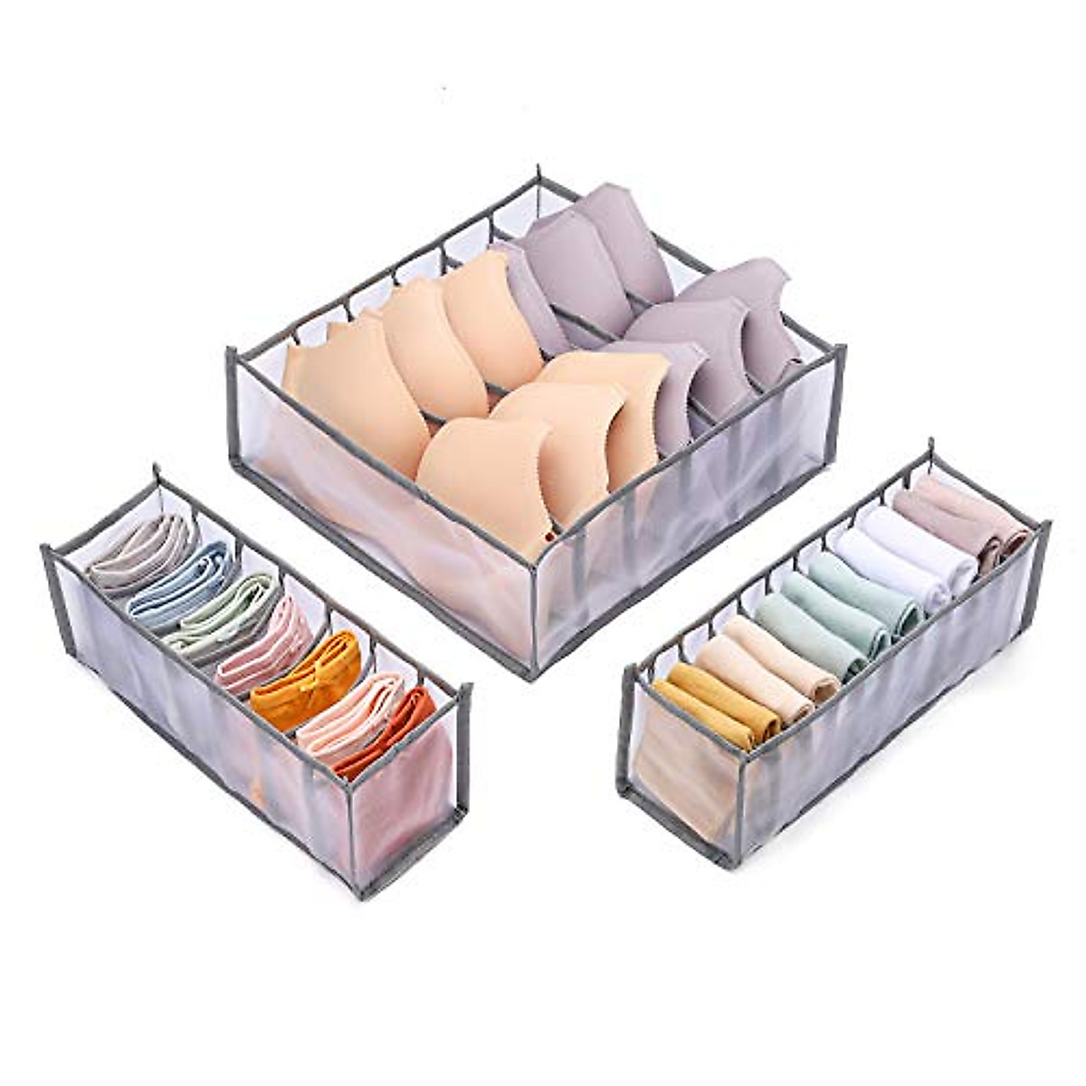 TIKHOENG Underwear Organizer, Drawer Divider For Underwear/ Socks/ Bras/ Ties, Foldable Storage Boxes, Organizers Clothes Storage With 3pcs Of 6/7/11 Compartments (Grey)