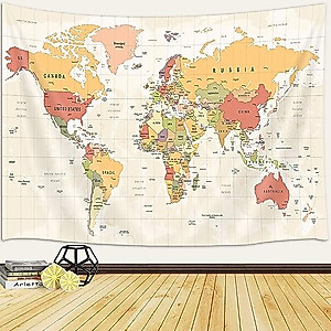 World Map Tapestry for Kids Student, World Map with Countries and Major Cities Tapestry Educational Tapestry, Vintage Asia Europe South City Topography America Africa Japan Wall Tapestries 40X30 Inch