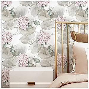 HAOKHOME 93164 Abstract Nordic Peel and Stick Wallpaper Geometric Hydrangea Floral White/Grey/Pink Stick on Home Decor 17.7in x 118in