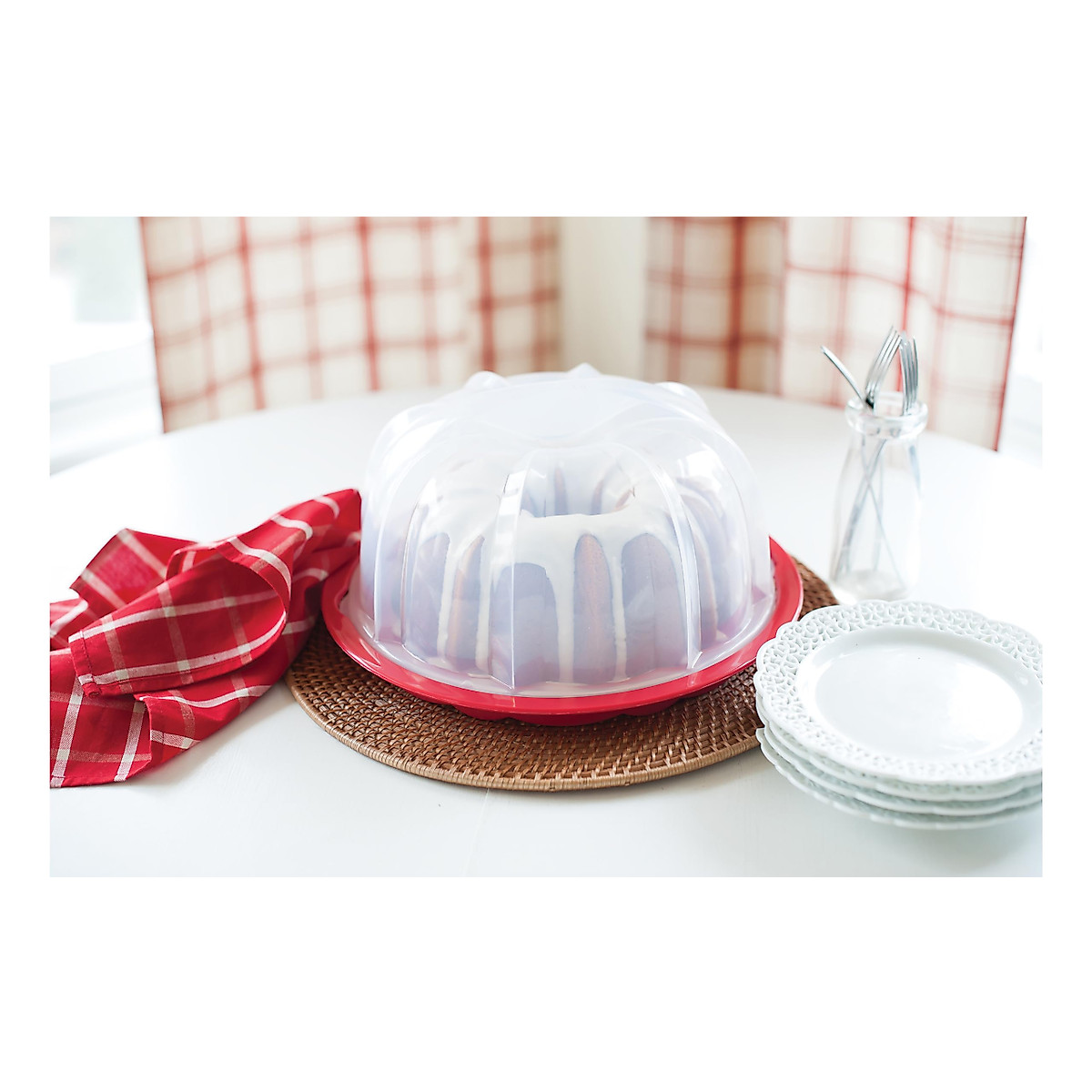 Nordic Ware Bundt Cake Keeper, Plastic, 13 in L X 12 in W X 7 in H, Red