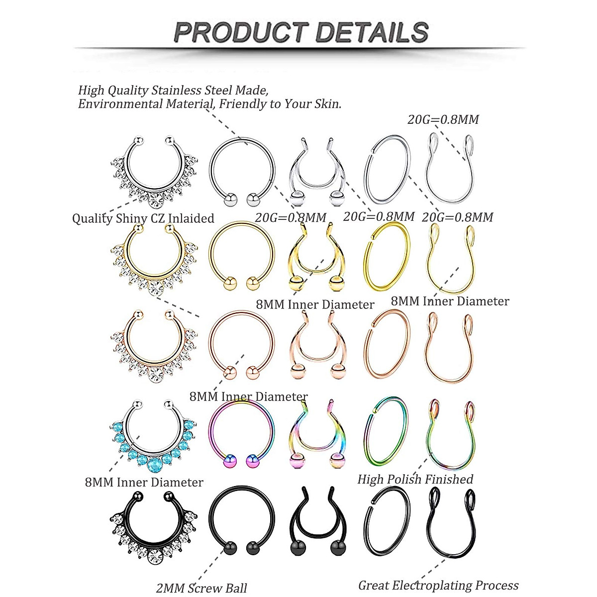 YOVORO 25Pcs Stainless Steel Fake Nose Ring Hoop for Men Women Faux Lip Ear Septum Ring Non-Pierced Body Jewelry XK