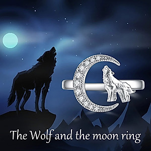 POPLYKE Wolf Moon Ring for Women 925 Sterling Silver Crescent Moon Wolf Ring Jewelry Gifts for Women