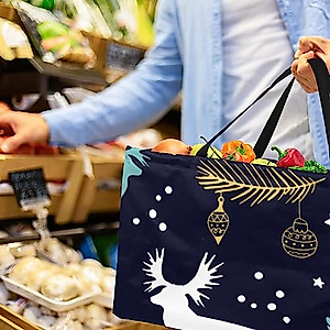 KQNZT Reusable Grocery Bags, Large Foldable Reusable Shopping Tote Bags Bulk for Groceries, Waterproof Kitchen Cloth Produce Bags with Long Handles, Christmas Elk Snowflake Feather