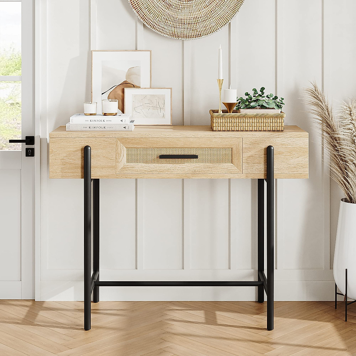 IDEALHOUSE Console Table Rattan Sofa Tables Narrow Entryway Table with Drawer and Storage, 40” Behind Couch Table Hallway Table Boho Desk Home Furniture for Living Room, Foyer, Bedroom