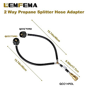Lemfema Universal Y Type Splitter Propane Tank Converter Adapter Hose with Gauge, Two Way Qcc1/Type1 Inlet & POL/QCC1 Exit Propane Hose to Connect 5-40lb Tank for Grill, Heater, Fire Pit, Fireplaces