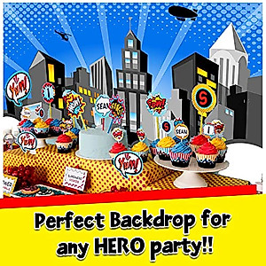 Bigtime Signs XL Superhero Backdrop with 6 Comic Action Word Photo Booth Props - Compliments Any Superhero Party Decorations - 4 x 6 ft - Cityscape Superhero Birthday Decorations Hangs on Wall Easily