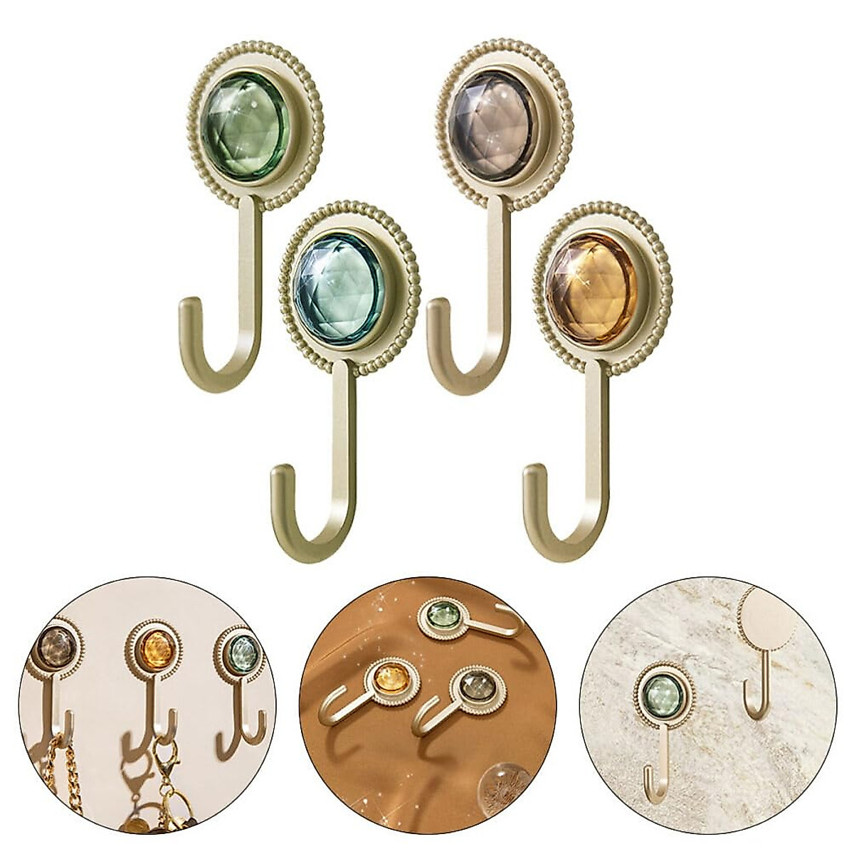Luxshiny Heavy Duty Adhesive Hooks, 4pcs Jeweled Wall Mount Hangers Hanging Coat Hooks Decorative Towel Hangers for Kitchen Bathroom