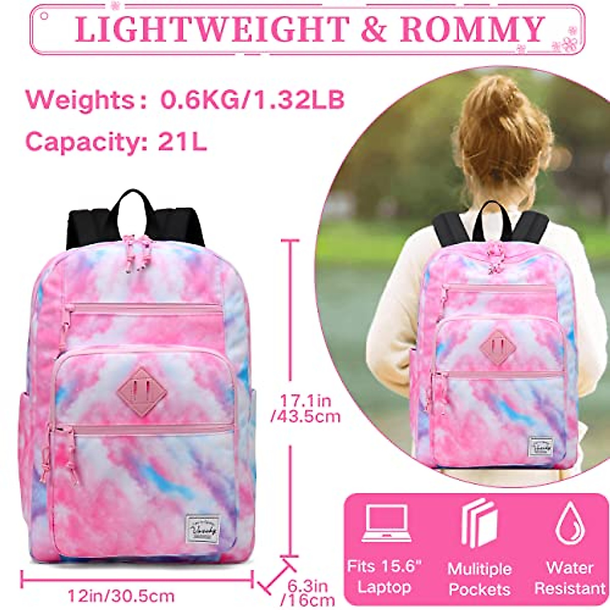 VASCHY School Backpack for Teen Girls, Bookbag Schoolbag Casual Daypack for High School/College/Women/Travel/Work Pink Galaxy