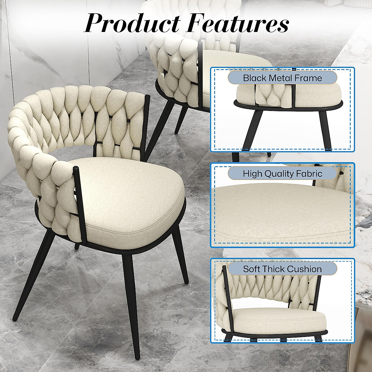 Homedraft Woven Dining Chairs Set of 6, Modern Hand Weaving Dining Chair with Black Metal Legs, Upholstered Club Chairs with Black Frame for Dining Room, Kitchen, Vanity, Beige