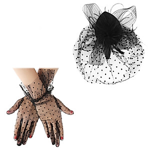 Yolev Fascinator Hat Faux Feather Mesh Veil Hat Short Lace Glove 50s Costume Accessories for Women Wedding (Spotted) Black