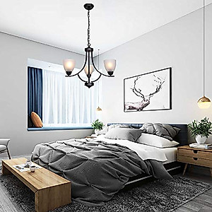 VINLUZ 3 Light Shaded Contemporary Chandeliers with Alabaster Glass Black Rustic Light Fixtures Ceiling Hanging Mid Century Modern Pendant Lighting for Bed Room Dining Room Foyer Living Room