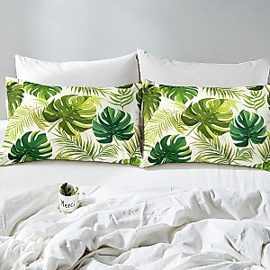 Erosebridal Botanical Leaves Comforter Cover Tropical Bedding Tree Duvet Cover Set Queen Size Green Palm Leaves Bedclothes Jungle Branches Leaf Duvet Cover+ 2 Pillow Shams for Kids Adult Room Decor