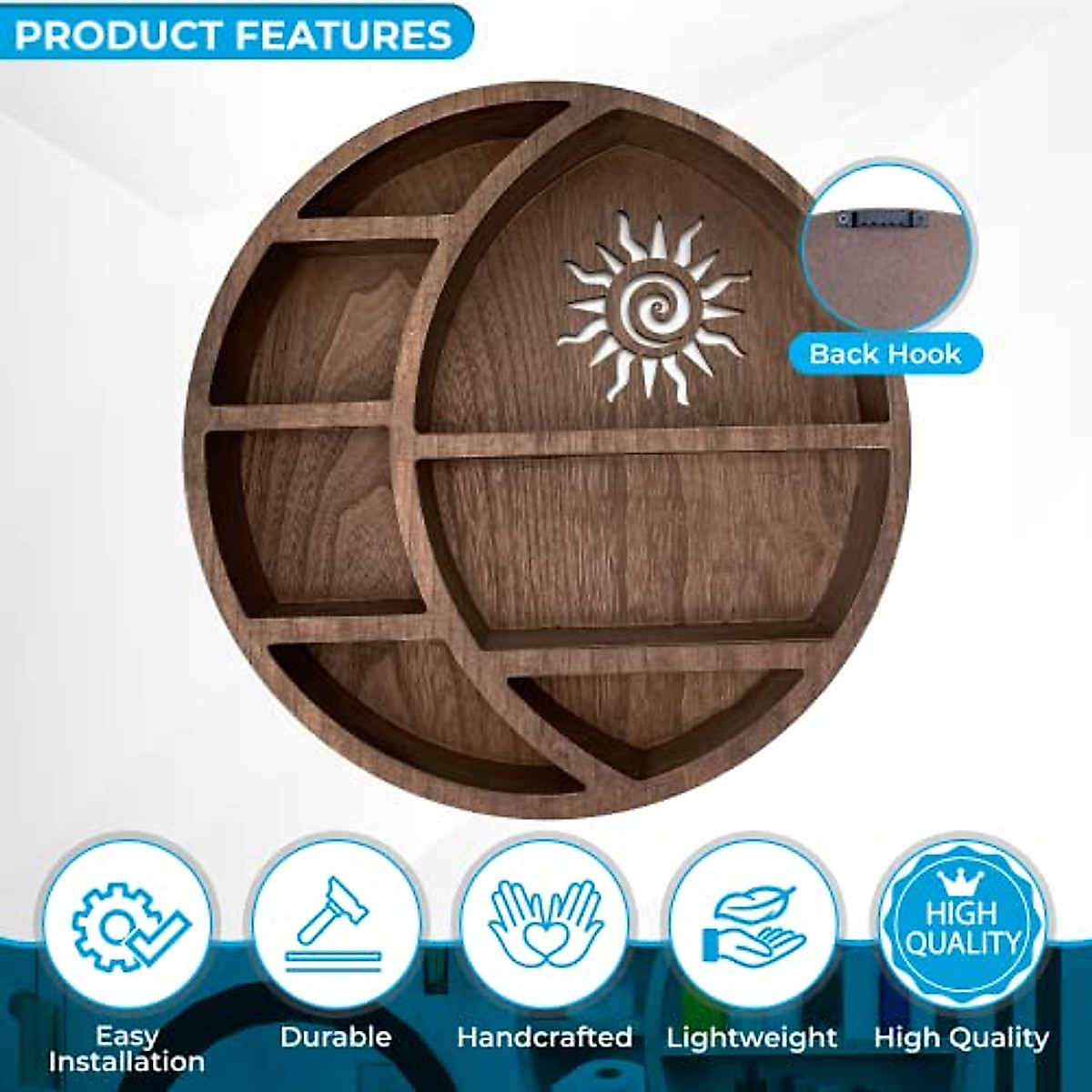 Wooden Crescent Sun Moon Shelf Wall Decor - Decorative Boho Home Hanging Display Shelf for Bedroom, Dorm, Nursery - Easy Mount Storage for Crystals and Essential Oils - 14 x 14 x 3.5