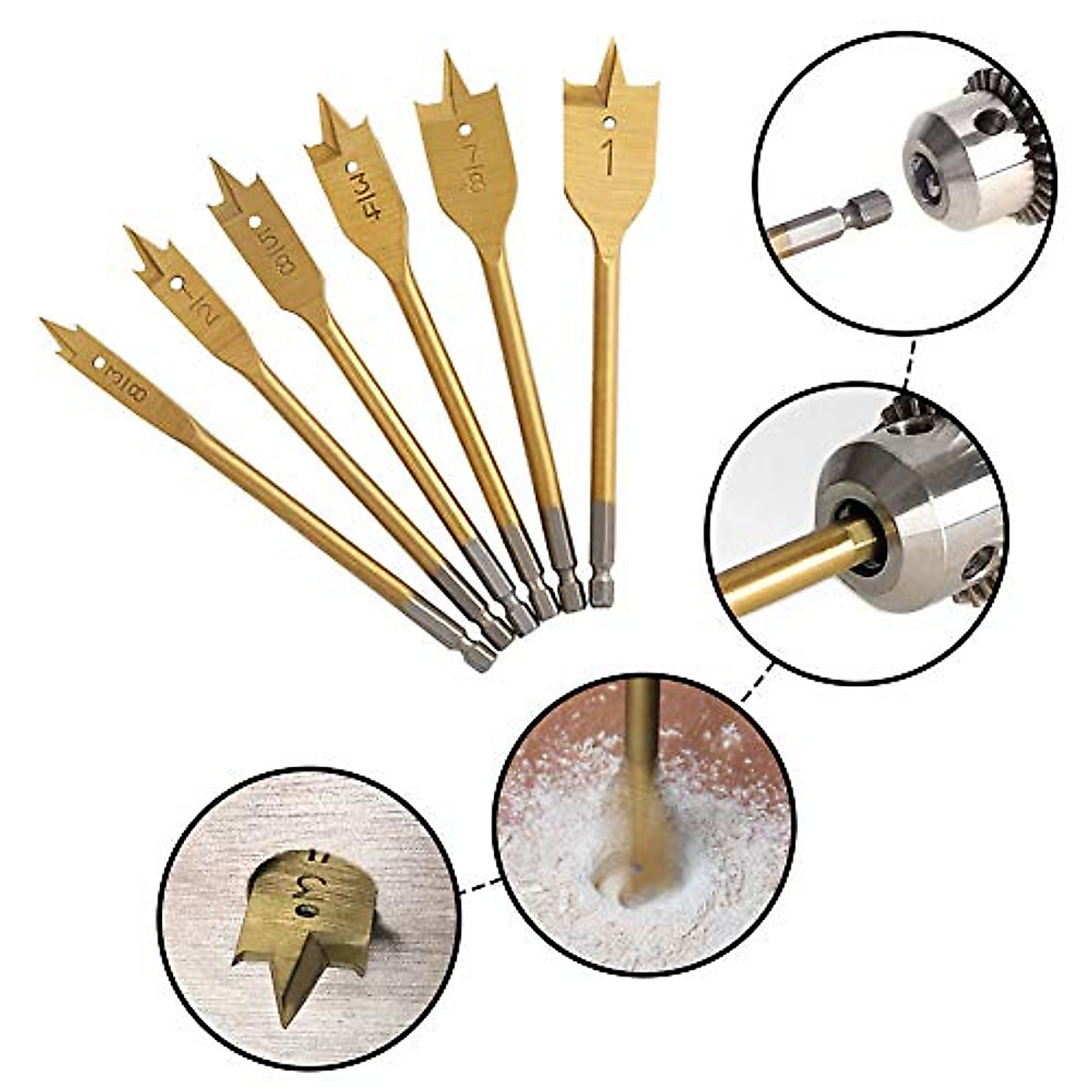 COMOWARE Spade Drill Bit Set- Paddle Flat Bits, Hole Cutter, Titanium Coating, Carbon Steel, Woodworking, 6-Pieces, 3/8"-1"