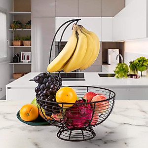 TIEYIPIN [ Extra Large Fruit Basket Bowl with Banana Hanger, Detachable Wire Banana Holder Hook Kitchen Storage Baskets Stand - Brown