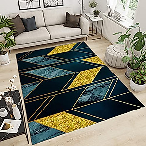 FYMUROL Gold Geometric Square Area Rug, Blue Art Deco Rug, 3D Printing Washable Non-Slip Bedroom Rug Large Area Soft Suitable for Living Room Dining Room Entrance Corridor Children's Room-3ft×5ft