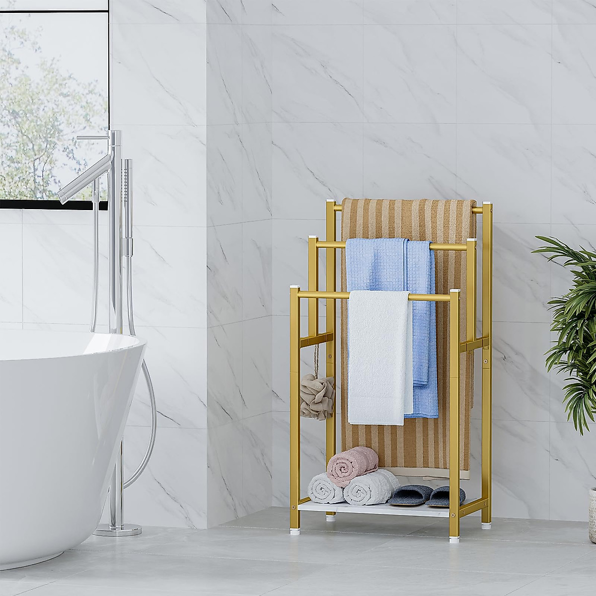 Honiter Towel Racks for Bathroom, 3 Tier Free Standing Towel Rack, Blanket Rack, Metal Towel Holder with Shelf for Bathroom Accessories Organizer for Bath Storage & Hand Towels, Next to Tub or Shower