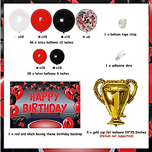 Boxing Birthday Party Decorations Boxing Match Red and Black Balloon Garland Kit Happy Birthday Backdrop Wrestling Party Decors Fight Sports with Championship Trophy Foil Balloon for Kids Men Women