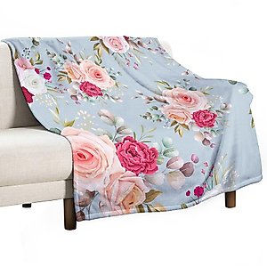 Floral Twig Theme Blanket, Bird On A Twig, Blue Background Theme Flannel Soft Blanket, Women Women Sofa Warm Blanket 60"x80"