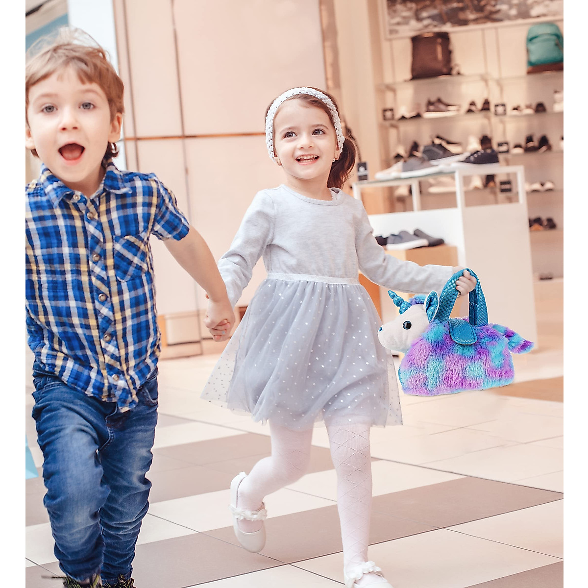 DolliBu Purple Unicorn Bags Collection Set of 3 - Blue and Purple Unicorn Stuffed Animal Purse Bags for Girls, Removable Unicorns in Sequin, Furry Handbags for Dress Up