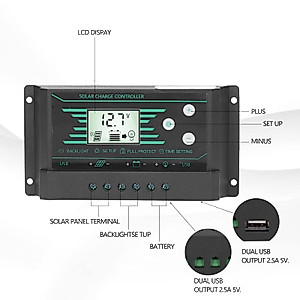 Z10/ Z20/ Z30 Solar Controller, Solar Panel Regulator Dual USB Solar Battery Regulator Solar Regulator PWM, 30A 12V/24V for Lamp(z10)