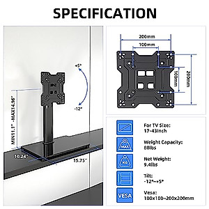 XINLEI Universal TV Stand Base, Table Top TV Stand for 17-43 Inch LCD/LED TVs, Height Adjustable Monitor Mount Stand with Tempered Glass Base Holds up to 88lbs VESA 200x200mm, TS103