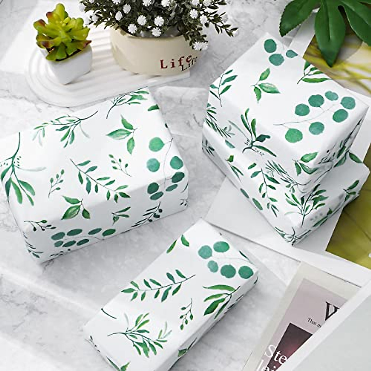 Whaline Eucalyptus Tissue Paper Greenery Wrapping Paper 14 x 20in Green Leaves Gift Wrapping Paper Art Paper for Jungle Safari Party Baby Bridal Shower Birthday Wedding Decor, 100 Sheet