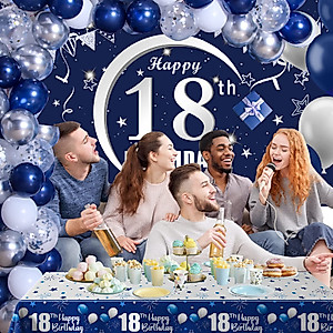 Navy Blue 18th Birthday Decorations for Boys and Girls, Happy 18th Birthday Backdrop, Tablecloth, Balloons Garland Arch Kit - 18th Birthday Banner Party Supplies Bday Decor for 18 Year Old
