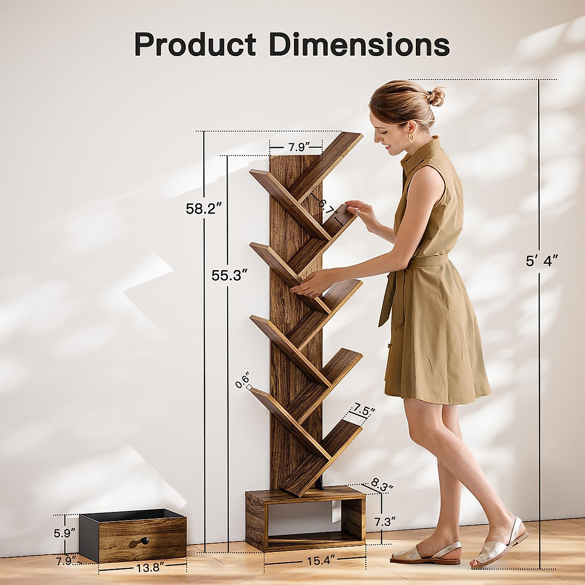 Pipishell Bookshelf with Drawer, 8-Tier Vertical Tree Bookshelf, Modern Bookcase, Modern Book Storage, Book Shelf Organizer for Living Room, Bedroom, Home Office, Rustic Brown, PIBS03WN