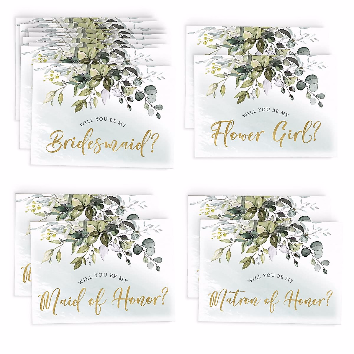 Printed Party Bridemaid Proposal Kit, 16 Cards and Envelopes, Greenery Eucalyptus, Includes Maid of Honor, Matron of Honor, and Flower Girl