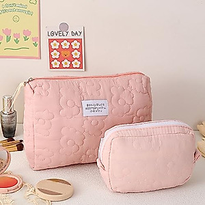 LYDZTION Quilted Soft Floral Makeup Bag - 2 Pieces Cosmetic Bag Large Capacity Makeup Bag Travel Cosmetic Organizer for Women Makeup Organizer Storage Purse Organizer,Pink