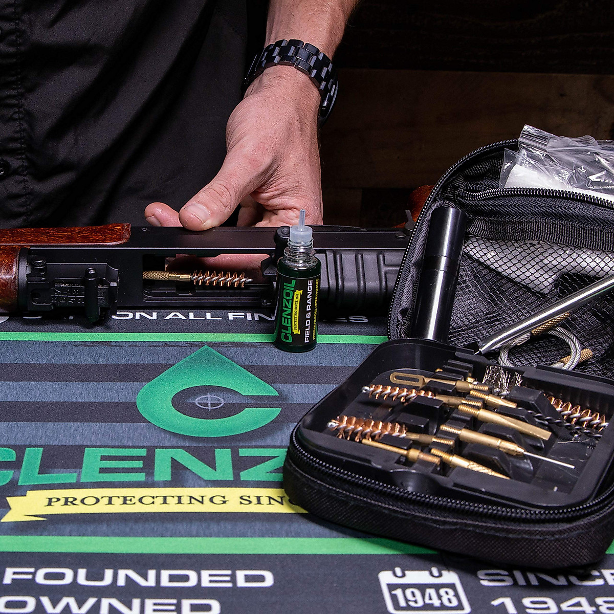 Clenzoil Field & Range Tactical Gun Cleaning Kit | Black | All-in-One Rifle & Pistol Cleaning Kit | Includes Field & Range CLP, Bore Brushes, Patches, Rod, Cable, Handle, Brush, Tools & More!