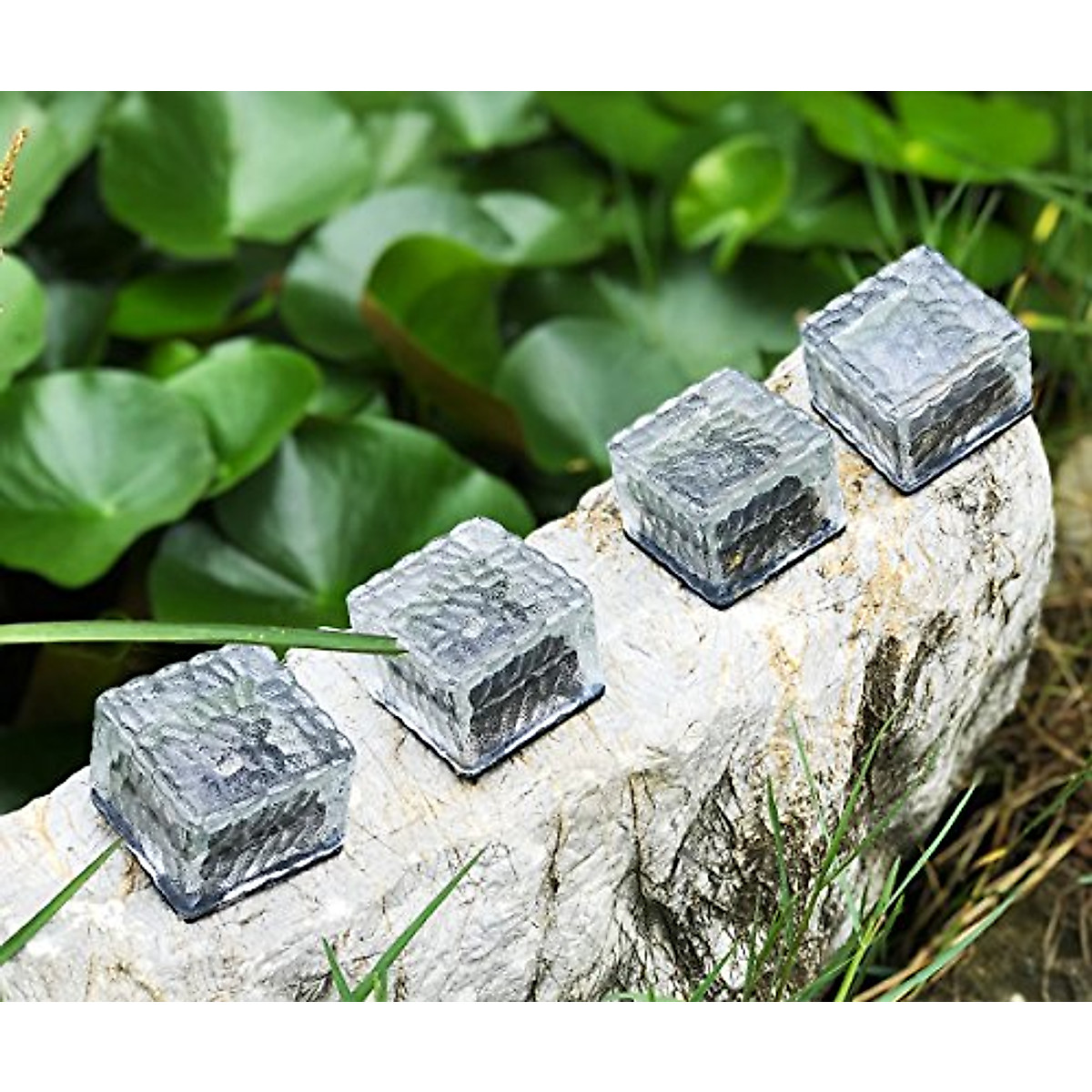 ASTRAEUS Solar Brick Lights Solar Ice Cube Light Brick Rock Lamp Frosted Glass Landscape Led Lights for Garden Path Patio Outdoor Decoration 4PCS Warm White