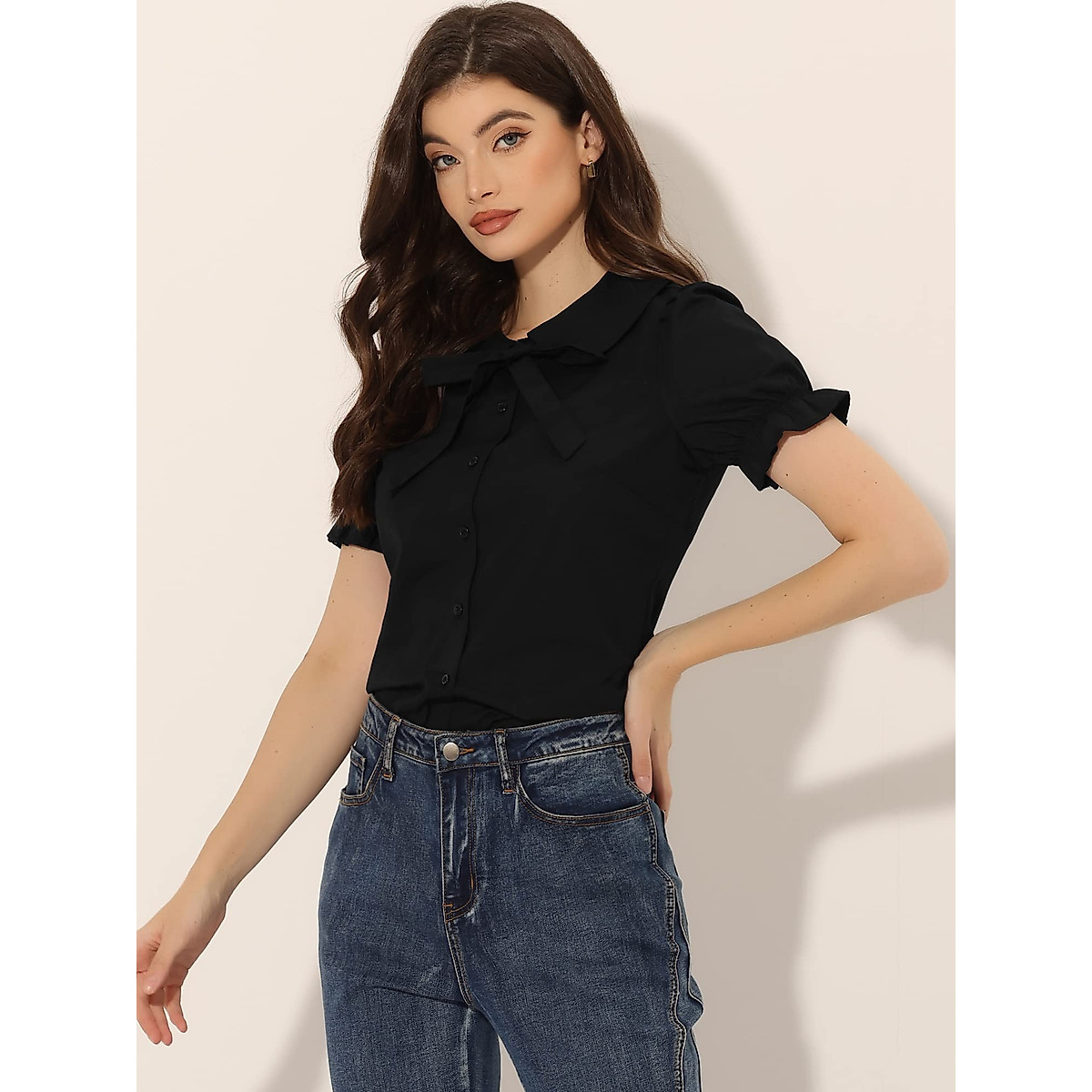 Allegra K Women's Vintage Peter Pan Collar Tie Neck Casual Cute Cotton Button-Up Shirt X-Large Black