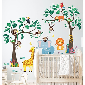 DECOWALL SG-2112 Jungle Animal Tree Wall Decals Elephant Monkey Giraffe Lion Forest Wall Stickers for Kids Baby Nursery Bedroom Playroom Living Room Decor DIY Art