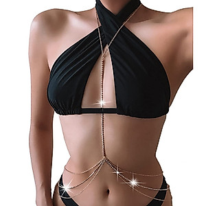 Rhinestone Body Chains Jewelry For Women Sexy Belly Waist Chain Bikini Beach Accessories (Gold color)