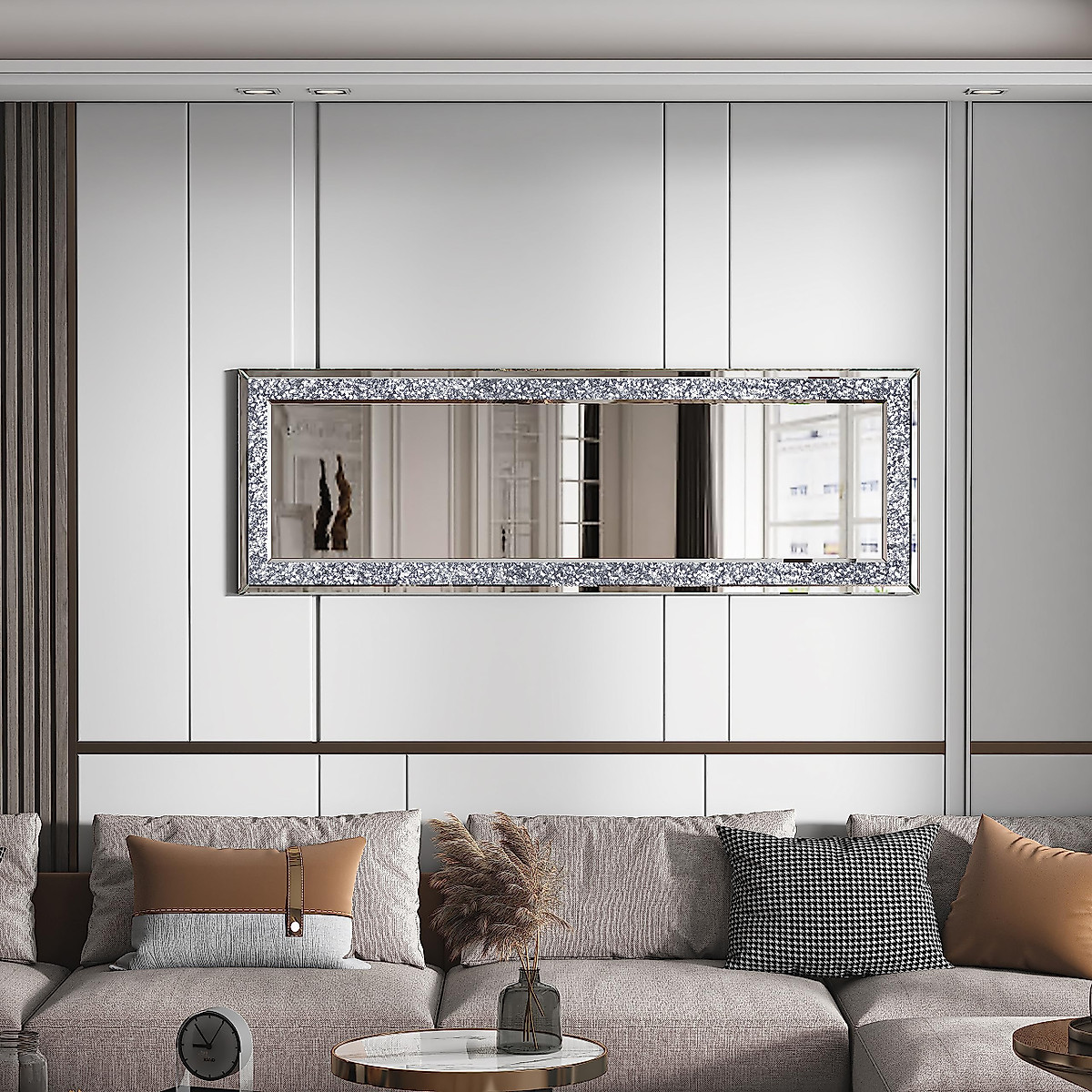 MUAUSU Crystal Full Length Floor Mirror- 59"×18" Crushed Diamond Full Body Mirror Silver Long Standing Mirror for Bedroom Living Room Bathroom Wall Mounted