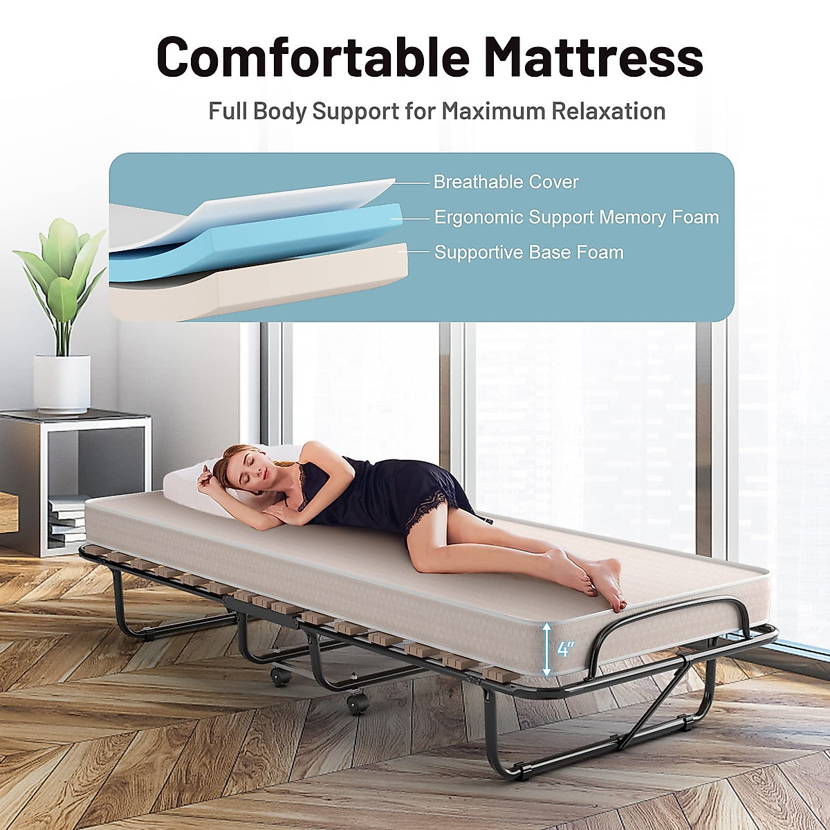 KOMFOTT Folding Rollaway Bed with 4" Mattress, Foldable Rollaway Bed with Memory Foam Mattress for Adults, Portable Fold Up Guest Bed with Sturdy Steel Frame on Wheels for Home & Office, Made in Italy