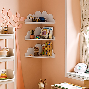 Beskadi Cloud Floating Corner Shelves - Set of 3 Cloud Corner Wall Shelves for Kid’s Room, White Corner Shelf Nursery Wall Deor, Small Cute Cloud Dispaly Shelf Wall Mounted for Toys, Plants & Storage.