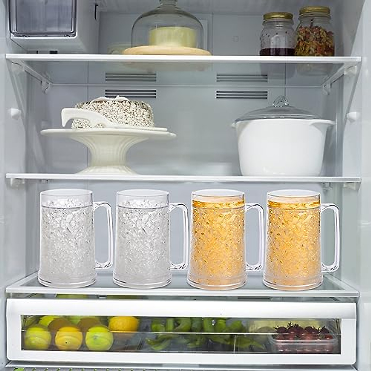Fasmov Freezer Beer Mugs, 4 Pack Clear Double Wall Gel Frosty Freezer Ice Mugs, Freezer Mugs With Gel Beer Mugs For Freezer, Plastic Beer Mugs With Handles for Parties and Gifts, 16oz
